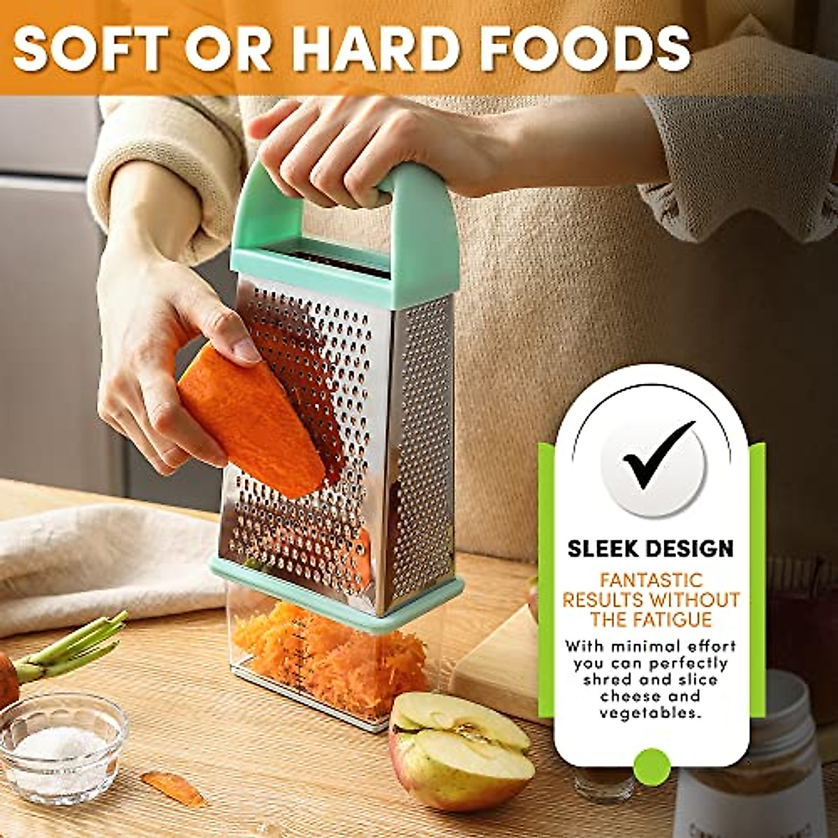 Spring Chef Professional Box Grater With Storage Container, Stainless Steel & Soft Grip Handle, 4 Sides, Handheld Kitchen Food Shredder Best for Parmesan Cheese, Vegetables, Ginger, 10" Mint