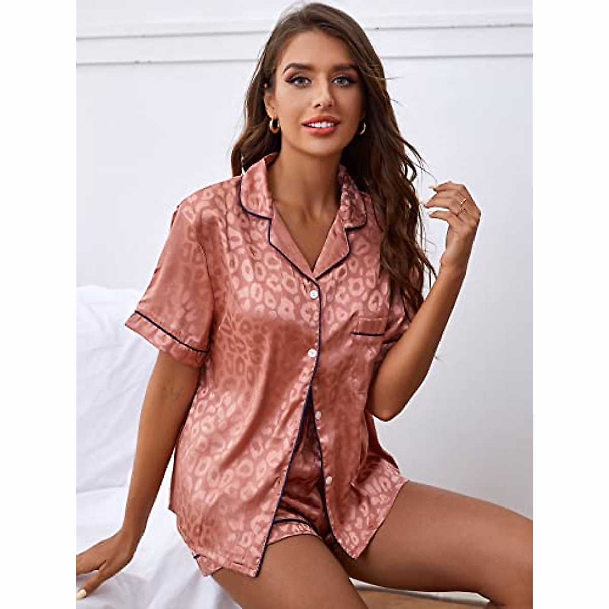 Floerns Women's Notch Collar Leopard Print Sleepwear Two Piece Pajama Set Pink Leopard S