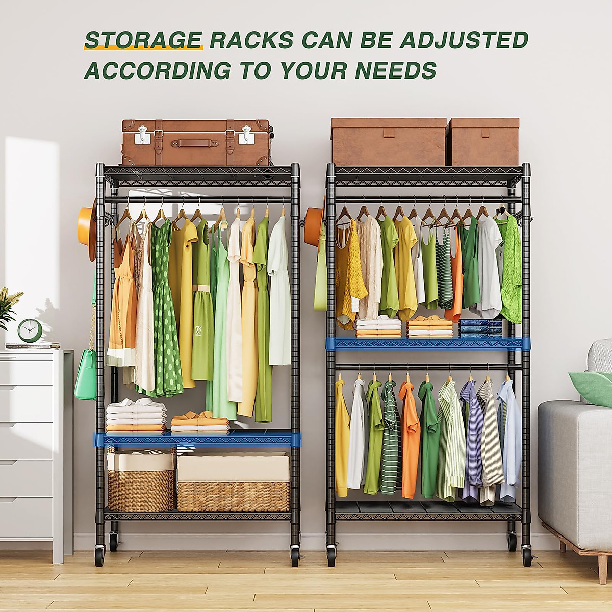 LEHOM G1M Heavy Duty Clothes Rack, 3 Tiers Rolling Garment Rack for Hanging Clothes, Adjustable Wire Clothing Rack with Storage Shelves, Lockable Wheels Freestanding Closet Wardrobe for Bedroom