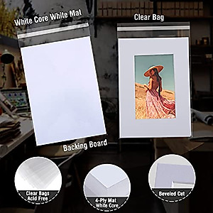 Acid-Free 5 Pack 8x10 Pre-Cut Mat Board Show Kit for 5x7 Photos, Prints or Artworks, 5 Core Bevel Cut Matts and 5 Backing Boards and 5 Crystal Plastic Bags, White