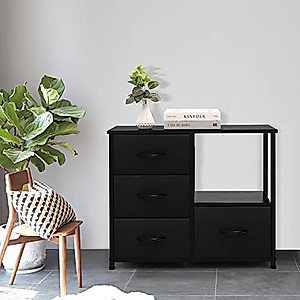 AZL1 Life Concept Storage Tower with Shelves, 4 Drawers Closet Organizer, Night Stand, Fabric Bins, Versatile Cabinet, Dresser for Bedroom, Living Room, Hallway, Wood Handles, Black