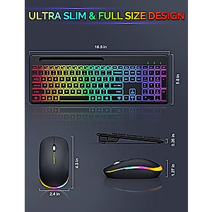 Wireless Keyboard and Mouse with 15 Backlit Effects, Rechargeable Keyboard Mouse Combo with Phone Holder, 2.4G Lag-Free, Silent Light Up Keyboard & Mouse Set for Windows, Mac, PC, Laptop -by SABLUTE