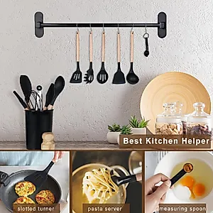 Bayobid silicon kichen utensil set, 27 pieces cooking utensil set, wooden handle non-toxic BPA free kitchn gudget, black silicone kitchen utensils set with high degree of heat resistant with holder.