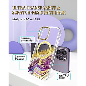 JIAXIUFEN Magnetic Designed for iPhone 14 Pro Max Case Clear, Compatible with MagSafe, Sparkle Glitter Slim Thin Shockproof Protective Transparent Phone Case, Marble Gold