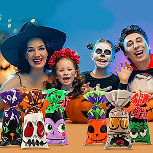 Funrous 120 Pcs Halloween Plastic Bags Halloween Cellophane Bags Candy Cookie Goodie Bags Halloween Treat Bags with 120 Silver Twist Ties for Halloween Party Favors