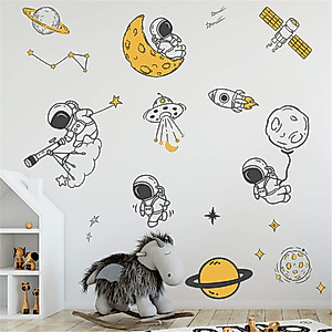 ROFARSO Wall Stickers Astronaut Planet Outer Space Stars DIY Vinyl Removable Large Wall Decals Art Decorations Decor for Kids Boys Bedroom Living Room Playing Room Murals