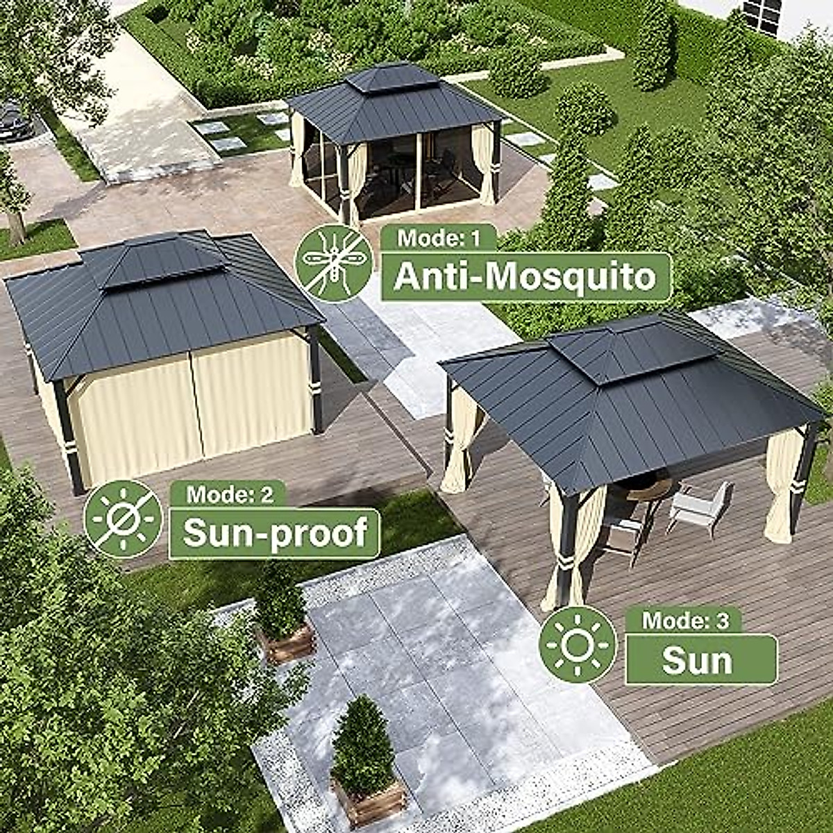 12' x 14' Hardtop Gazebo,Outdoor Galvanized Steel Metal Double Roof Gazebo with Curtains and Netting for Patios,Gardens,Lawns,Cream