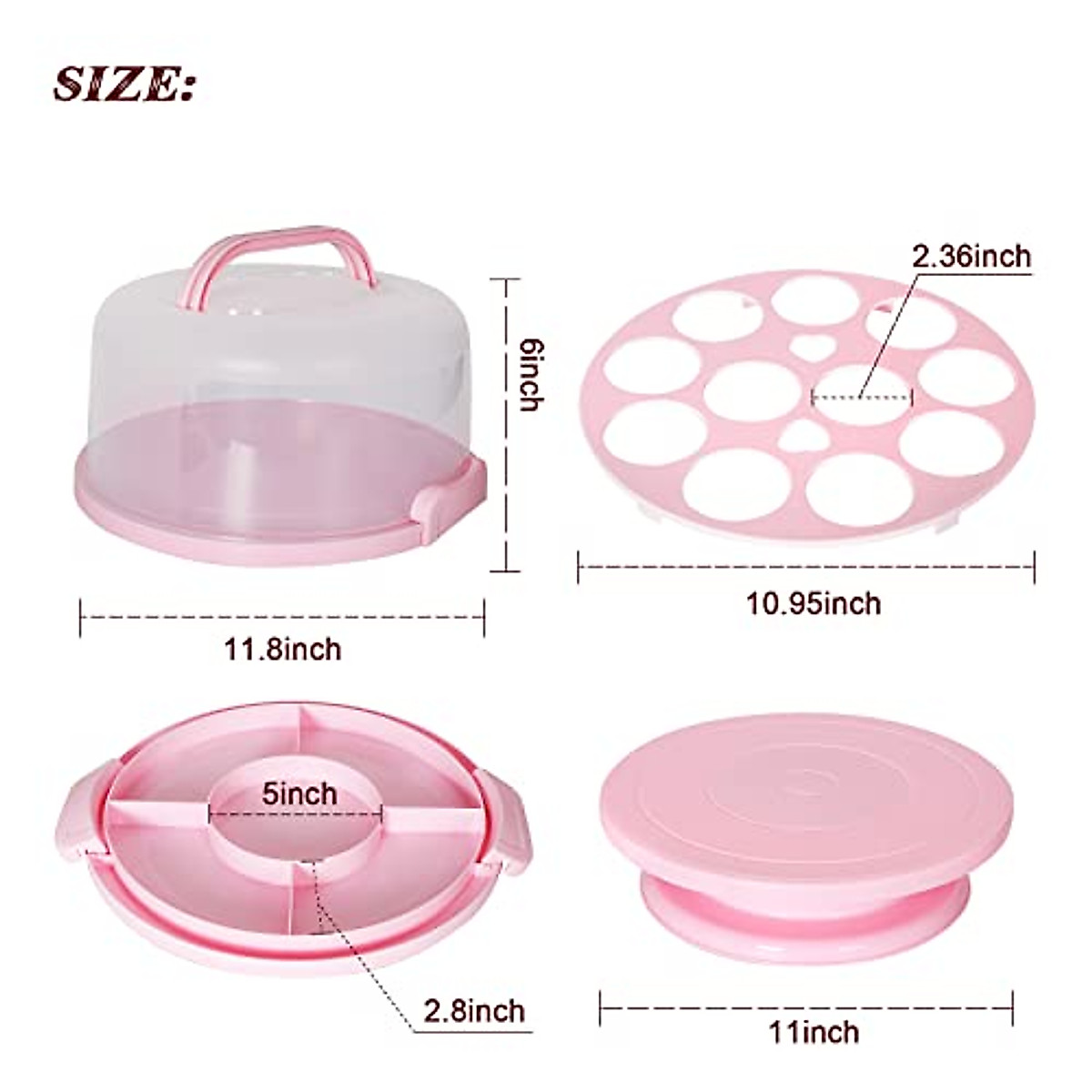 Garmeinea Cake Carrier Cupcake Containers with Lid and Handle Portable Storage & Transport Container Holder 10” Cake Stand for Cake Cupcakes Nuts Pies Muffins Cookies Fruit Pink