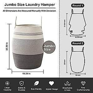 OIAHOMY Laundry Hamper Woven Rope Large Clothes Hamper 25.6" Height Tall Laundry Basket with Extended Handles for Storage Clothes Toys in Bedroom, Bathroom, Foldable (Dark Grey)