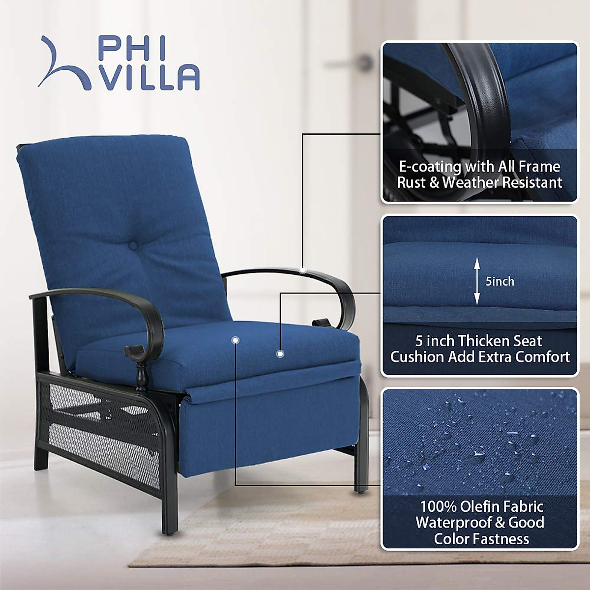 PHI VILLA Outdoor Recliner Chairs with Side Table, Oversized Patio Recliners Outdoor Metal Chaise Lounge Chairs with Removable Cushion for Garden, Poolside, Deck, Blue