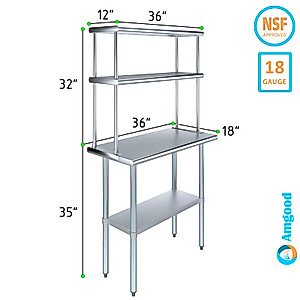 18" x 36" Stainless Steel Work Table with 12" Wide Double Tier Overshelf | Metal Kitchen Prep Table & Shelving Combo