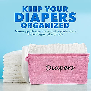 Dejaroo - Baskets for Organizing Diapers and Newborn Essentials, Baby Diaper Caddy Organizer, Embroidered Baby Shower Gifts for Moms, Linen Basket with Handle, 12 x 6 x 6 Inches, Pink