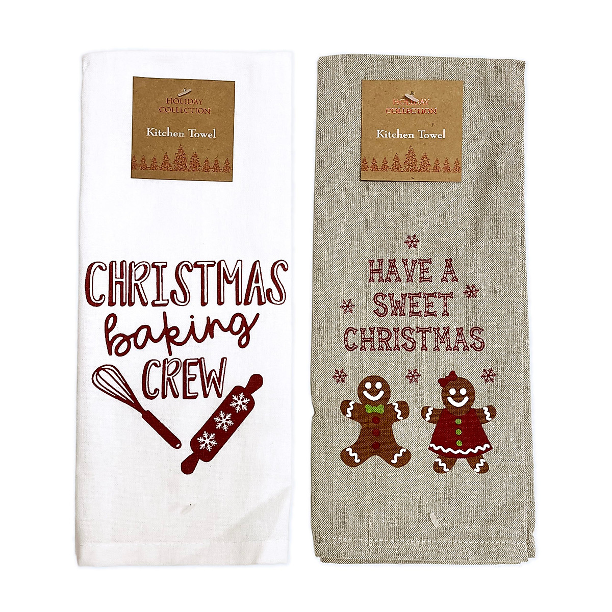 Sonoran Souvenirs Have a Sweet Christmas Gingerbread Novelty Tea Towel & Christmas Baking Crew - Set of 2 in Red, White and Cream - Cotton Kitchen Dish Towel (15" x 25")