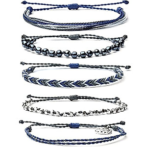 Mezcla Vida Bohemian Starfish Charm Silver Zinc Beaded Waterproof Rope Surfing Bracelets Sets For Women Teen Girls, Beach Handmade String Jewelry (GREY-BLUE)