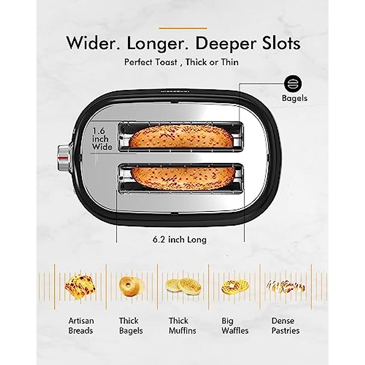 Longdeem 2-Slice Toaster, Extra Wide Slots, 6 Browning Options With Lift and Look, Auto Shut-Off & Frozen Function for Toasting Fruit Bread, Bagels & Waffles, Removable Crumb Tray, Matte Black