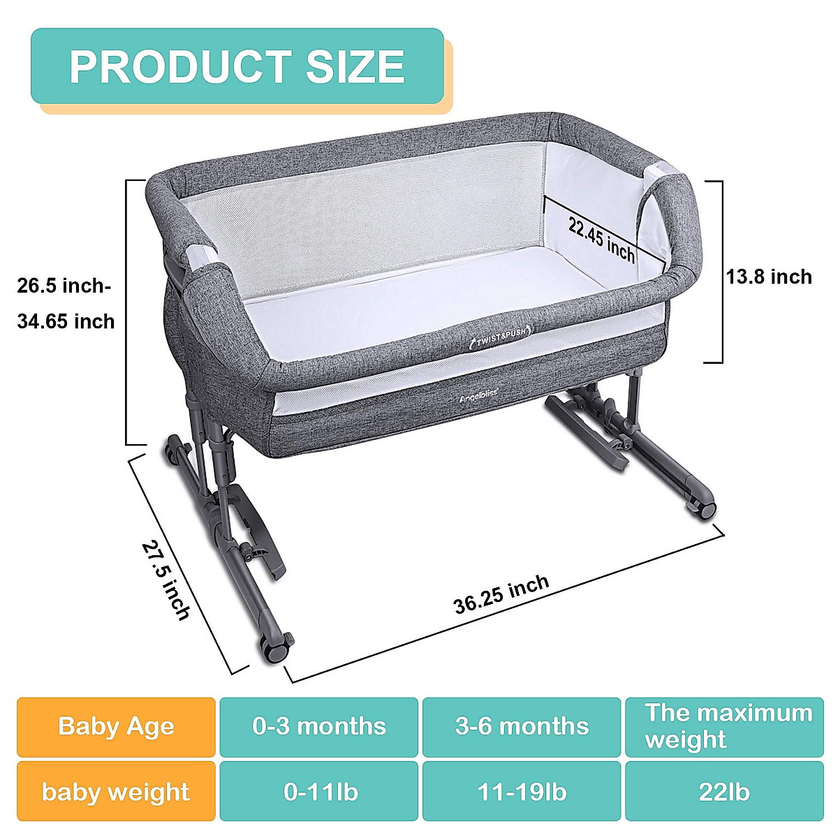 Angelbliss 3 in 1 Baby Bassinet Bedside Sleeper, Rocking Cradle for Baby, Easy Folding Portable Crib with 10 Adjustable Height, Mattress Included