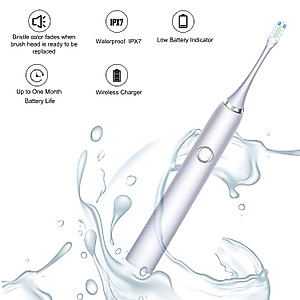 BTFO Sonic Electric Toothbrush with 5 Modes, 2pcs Replacement Brush Heads USB Rechargeable Smart Electronic Toothbrush with Holder for Adults IPX7 Waterproof Smart Timing Fast Charging (White)