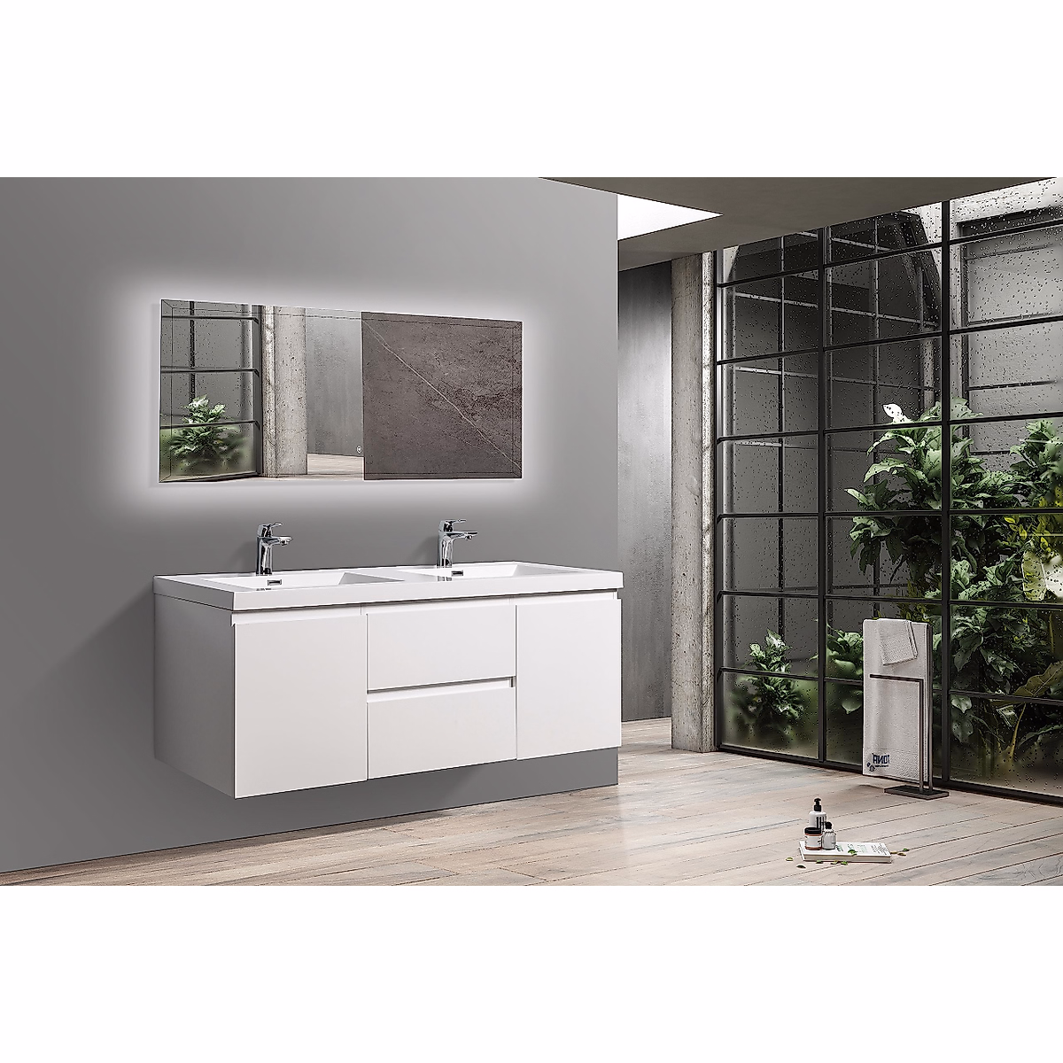 OMGO 60'' Wall Mounted Double Bathroom Vanity with White Solid Surface Sink, Modern Wood Cabinet Basin Vessel Set w/Two Drawers and 2 Storage, H90 Hanging System, Easy Installation