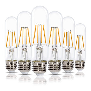 Simba Lighting LED T10 Tubular Edison Filament Light Bulbs (6 Pack) 4W Dimmable 40W Equivalent 120V for Cabinet Display, Piano Lamps, Clear Glass Decorative, Standard Medium E26 Base, Warm White 2700K