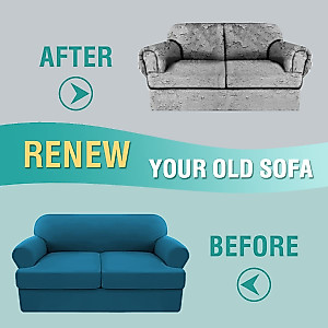 GAMUKAI Fleece T Cushion Loveseat Sofa Slipcover 3 Pieces Sofa Covers for T Cushion Couch Cover Sofa Slip Covers Furniture Protector with 2 Individual Cushion (Peacock Blue, Loveseat X-Large)