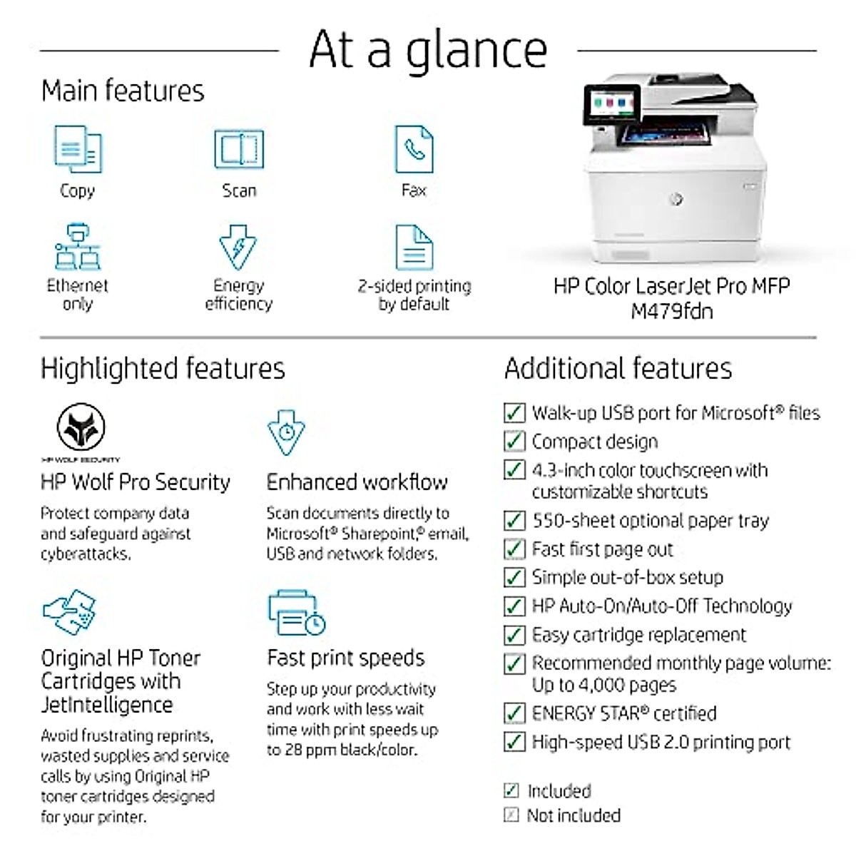 HP Color Laserjet Pro M479fdn All-in-One Laser Printer, Print Scan Copy Fax, Automatic 2-Sided Printing, 600x1200 dpi, 250-sheet, 28 ppm, 512MB, Works with Alexa, Bundle with JAWFOAL Printer Cable