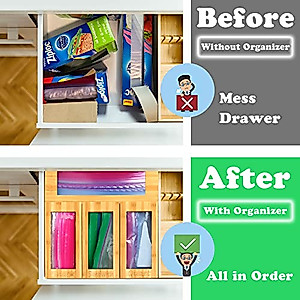 Ziplock Bag Storage Organizer for Kitchen Drawer,LIJEPNA Bamboo Ziploc Bag Organizer,4 Separate Baggie Organizer, Suitable for Gallon, Quart, Sandwich & Snack Variety Size Bag (4 box set)