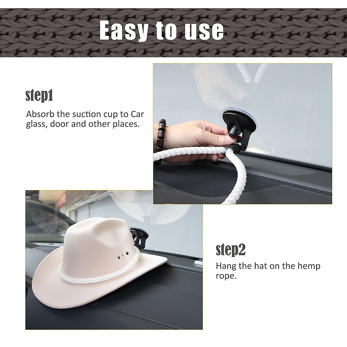Yumfugu 1 PC Car Cowboy Hat Mounts with 35.4In Rope, 2.6In Plastic Automotive Dash Hat Rack Suction Cup Hook, Universal Vehicle Hat Holder Accessories for Cars Trucks SUVs Home Doors (Gray)