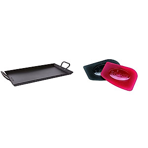 Lodge CRSGR18 Carbon Steel Griddle, Pre-Seasoned, 18-inch & SCRAPERPK Durable Pan Scrapers, Red and Black, 2-Pack