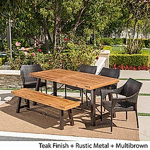 Christopher Knight Home Morley Outdoor Acacia Wood Dining Set with Wicker Stacking Chairs, 6-Pcs Set, Teak Finish / Rustic Metal / Multibrown