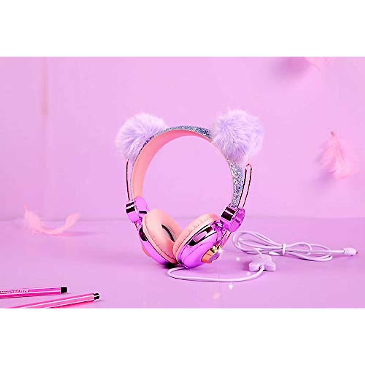 Beluky--Tech Kids Headphones Girls Glitter Bear Ear Volume Limiting Adjustable Cute Anime Wired Headphones for Girls Boys School (Purple-Bear Ear)