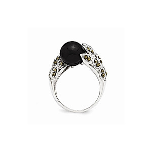 Solid 925 Sterling Silver Marcasite Black and White Plastic Imitation Pearl Ring Band Size 7