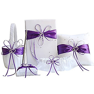 Awtlife 5pcs Sets Purple Wedding Flower Girl Basket Guest Book Pen with Ring Pillow and Garter