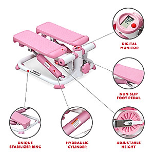 Sunny Health & Fitness Mini Stepper for Exercise Low-Impact Stair Step Cardio Equipment with Resistance Bands, Digital Monitor, Up Down Pink - P2000