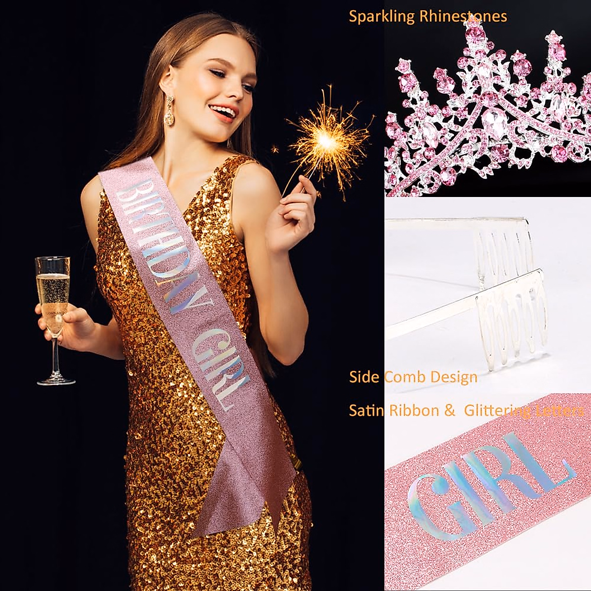 ATODEN Birthday Girl Tiara Queen Crown Pink Tiaras and Crowns for Women Girls Crystal Princess Tiara Rhinestone Headbands Quinceanera Crown Headpieces Birthday Decorations