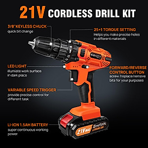 21V Cordless Drill, Electric Power Drill Set with Battery & Charger, 3/8” Keyless Chuck, 2 Variable Speeds, 398 In-lb Torque and 25+1 Position and 29pcs Drill/Driver Bits & LED Electric Drill Set