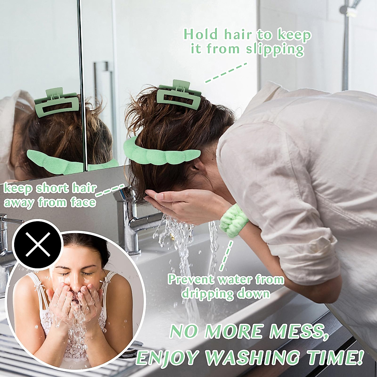 Wecoe Spa Headband And Wristband Set Skincare Headband For Washing Face Hair Claw Clips For Thick Hair Cute Green Puffy Sponge Makeup Headband Bubble Headband Wrist Towels Scrunchies For Women Girls