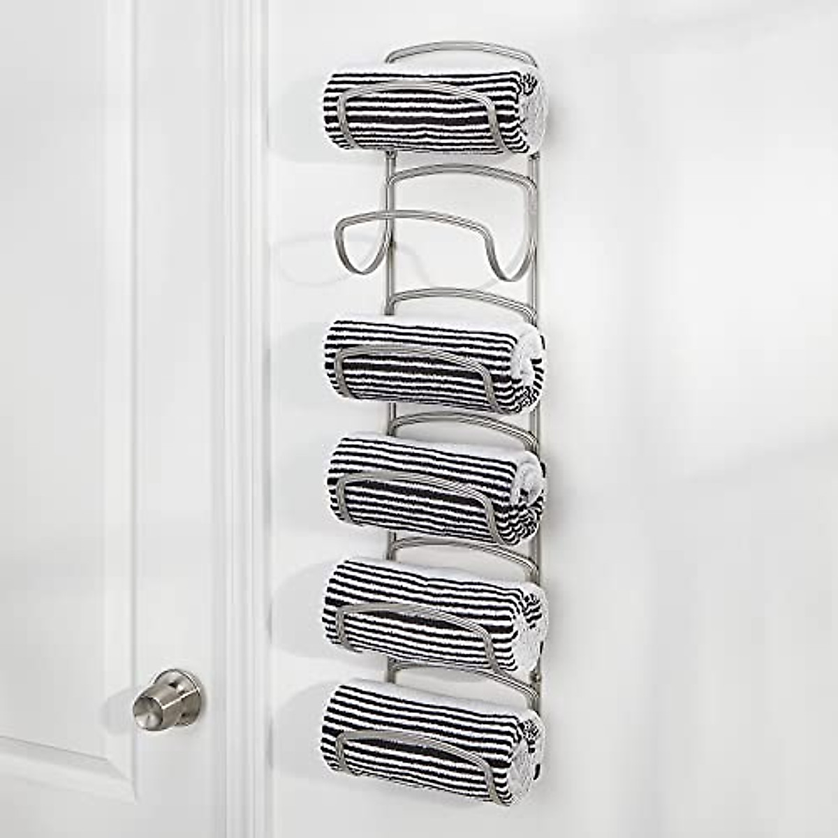mDesign Steel Towel Holder for Bathroom Wall - Wall Mounted Organizer for Rolled Towels and Bath Robes - Six Level Wall Mount Towel Storage Rack - Bathroom Towel Organizer - Hyde Collection - Satin