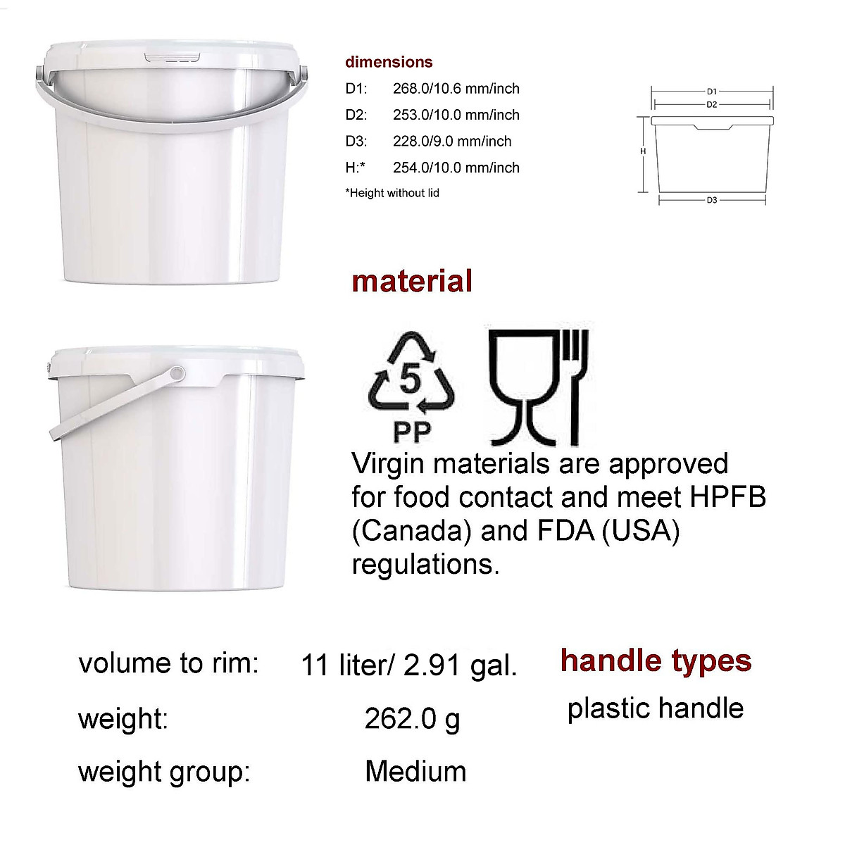 2.5 Gallon Multipurpose White Plastic Bucket Pail (NO LIDS) Food Grade BPA Free 11 Liter Capacity Durable for Commercial Industrial Use (25)
