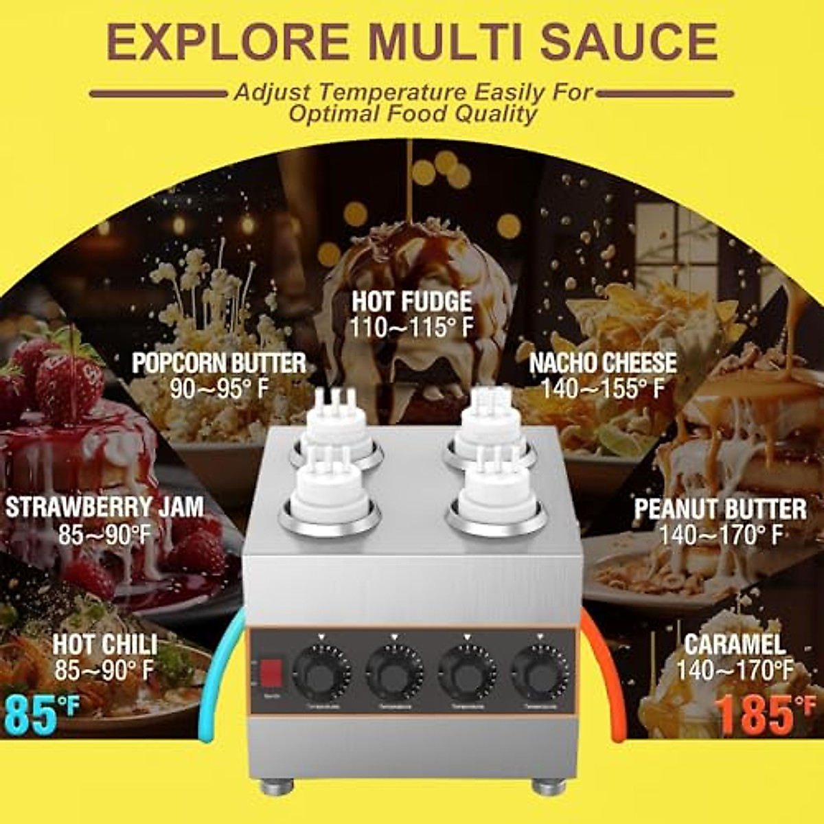 Commercial Stainless Steel Hot Chocolate Sauce Warmer, Cheese Sauce Bottle Dispenser, Electric Food Sauce Warmer with 4 x 650ml Squeeze Bottles,110V