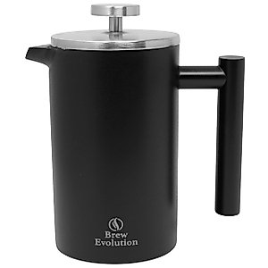 Brew Evolution 12 oz French Press | Stainless Steel Double-Walled Coffee Maker | Durable & Efficient Coffee & Tea Brewing | Gray Black