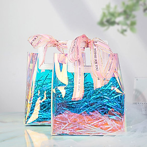 Holographic Small Gift Bags 2 Pack 7.9 * 7.1 * 3.9 Inch with Handles for Women, Girls, Birthday, Christmas, Bachelorette Party Favors, Shopping Reusable Clear Gift Wrap Bag