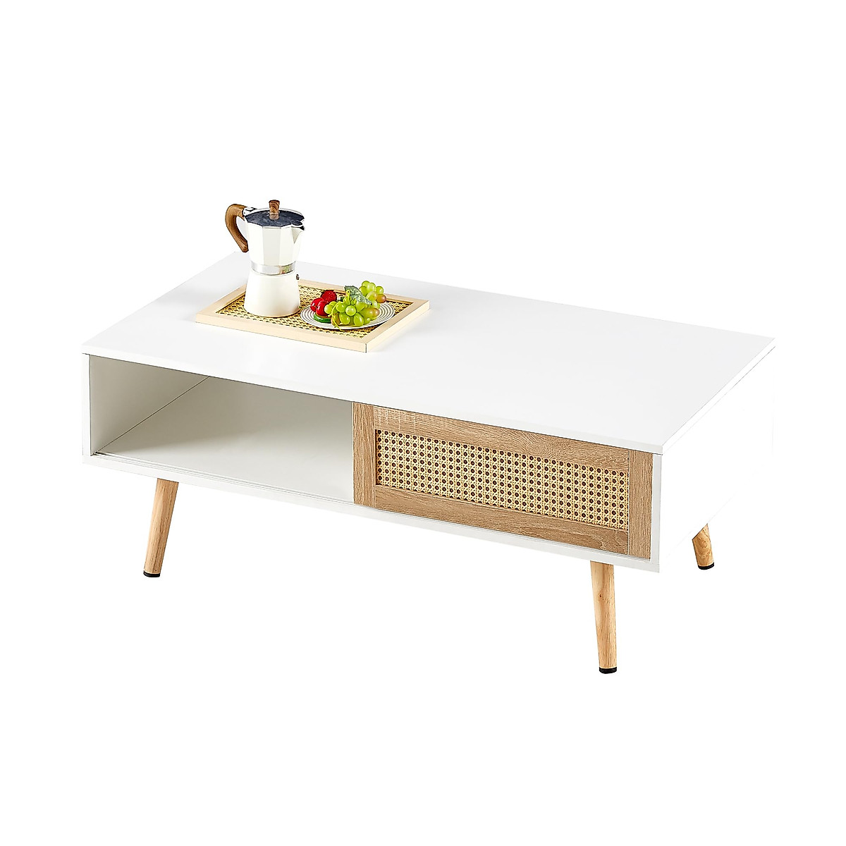 YOUGUO Boho Coffee Table for Living Room, 41.3" Rattan Coffee Table with Sliding Doors & Open Storage Shelf, Mid-Century Center Table for Small Space, White