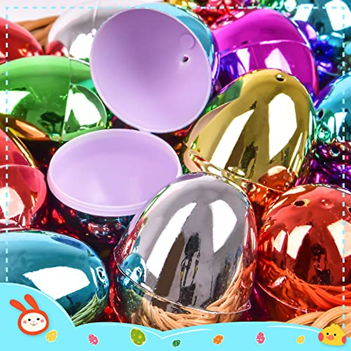 FUN LITTLE TOYS 48PCS Plastic Easter Eggs Metallic Easter Eggs for Candy Treats, Basket Stuffers Filler Perfect for Easter Egg Hunt, Easter Theme Party Favor Suprise Egg