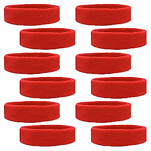 12 Sweatbands Cotton Sports Headbands Terry Cloth Moisture Wicking Athletic Basketball Headband by Kenz Laurenz (12 Pack) (Red 12 Pack)