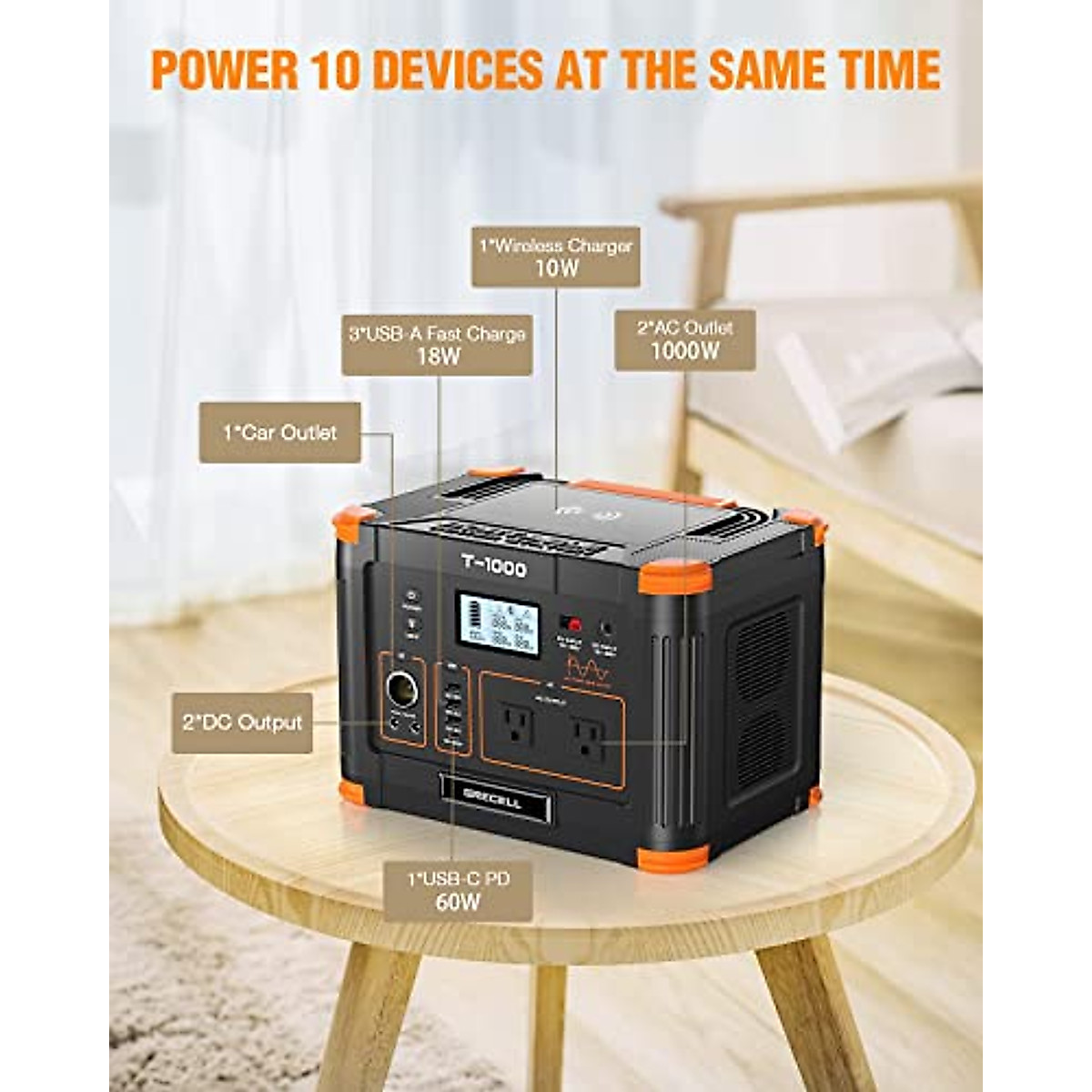 Portable Power Station 1000W, GRECELL 999Wh Solar Powered Generator with 110V AC Outlet, PD 60W Fast Charging Backup Lithium Battery Pack Power Supply for Outdoor Home Camping Travel Emergency RV Van