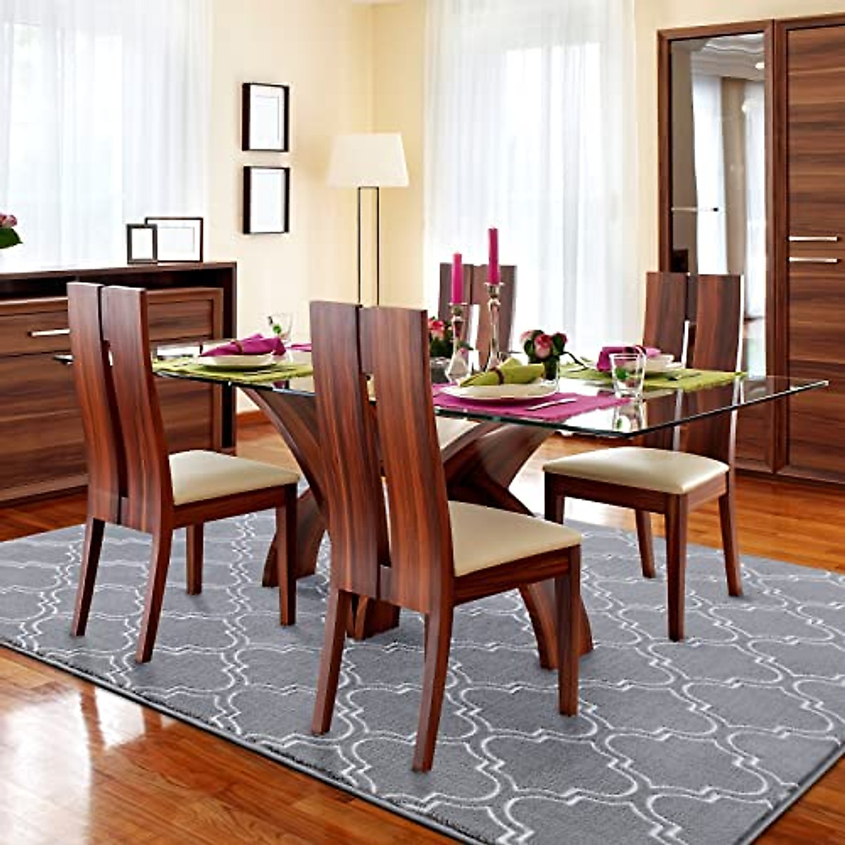 Amearea Fluffy Indoor Trellis Rug, Soft Shag Home Rugs for Bedroom, Shaggy Modern Area Rug for Living Room Kids Room Nursery, Easy Clean, Geometry Home Decor Low Pile Carpet, Light Grey 4x6 Feet