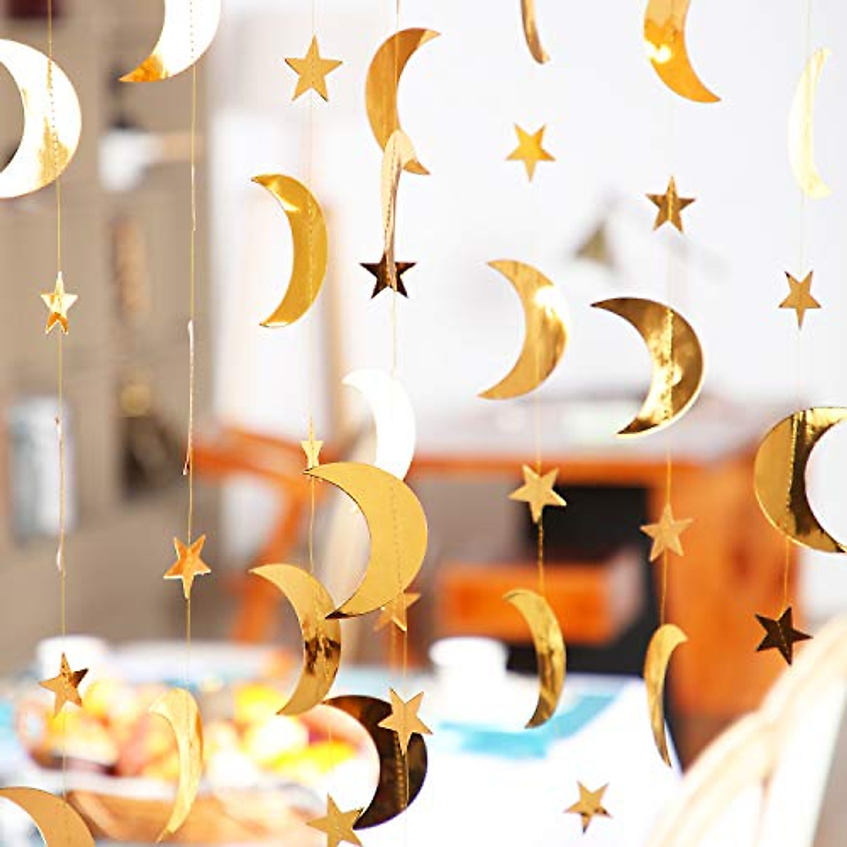 Glitter Star Moon Garland Banner Decoration, 130 Feet Gold Bright Star Moon Paper Garland Hanging Bunting Banner Backdrop for Graduation Class Congrats Grad Party Decoration