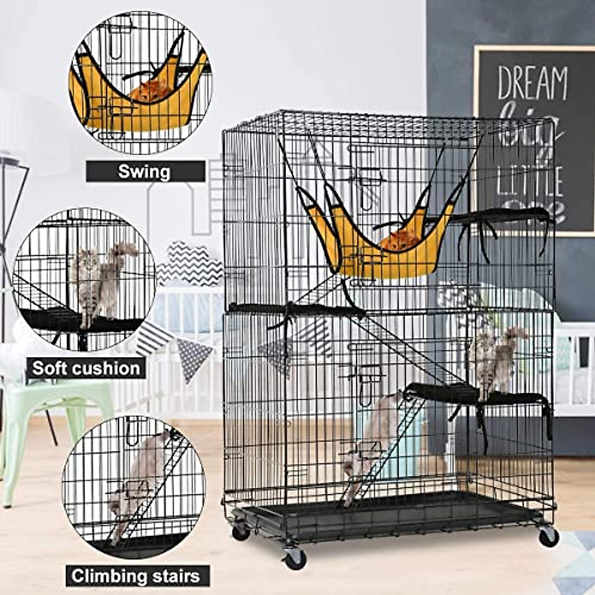48'' Large Cat Cage with Wheels, Collapsible Large 3-Tier Metal Cat Enclosure Perching Shelves Cat Crate Cat Kennel Ferret Chinchilla Cage with Cat Hammock/3 Cat Bed/3 Ramp Ladder/Cat Litter Pan