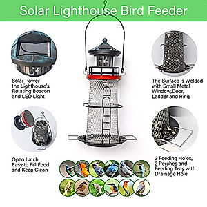 HSHD Solar Lighthouse Bird Feeder with Rotating Beacon Lamp - 14" Hanging Mesh Wild Bird Feeders for Outdoor Garden Patio Lawn Decor (Retro)