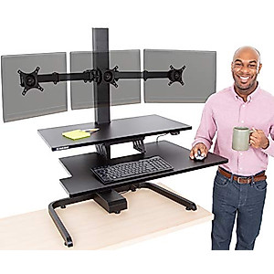 Stand Steady Techtonic Electric Standing Desk Converter wIth Triple Monitor Mount, 3 Screen Support, Quiet Sit-Stand Desk with Button Control, Keyboard Tray, Ideal for Gaming & Computer Work (Black)
